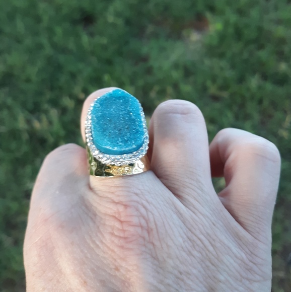 Handmade | Jewelry | New Blue Titanium Crystal Agate Druzy Quartz Ring ...